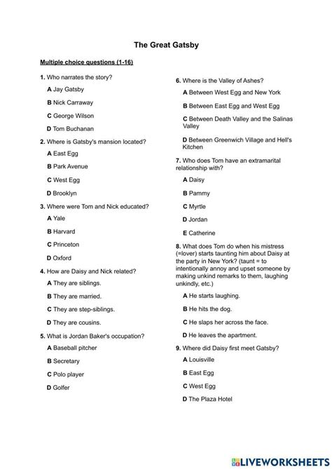 The Great Gatsby Movie Worksheet Live Worksheets Worksheets Library