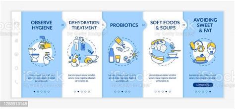 위 독감 예방 및 치료 온보딩 벡터 템플릿 위생을 관찰하고 달콤하고 지방을 피하십시오 아이콘이 있는 반응형 모바일 웹사이트 웹 페이지 연습 단계 화면 Rgb 색상 개념