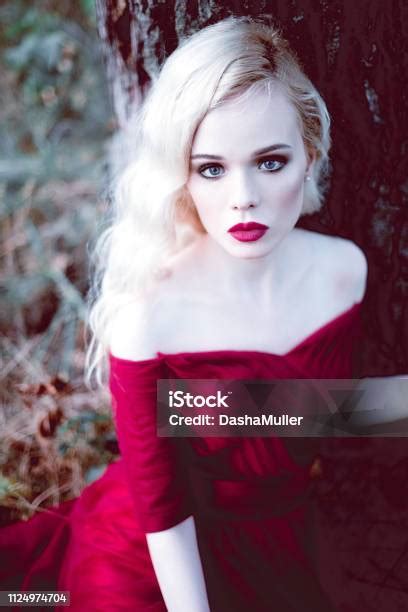 패션 동화 숲에 아름 다운 빨간 드레스에 화려한 젊은 금발 여자 마법의 분위기입니다 샷 토닝 Retouched 가을에 대한 스톡