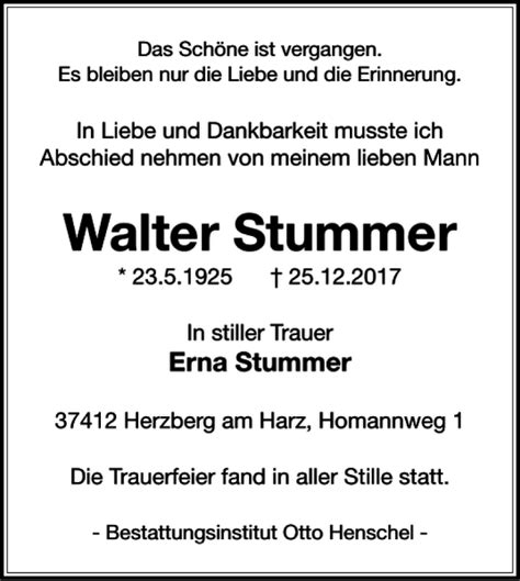 Traueranzeigen Von Walter Stummer Harztrauerde