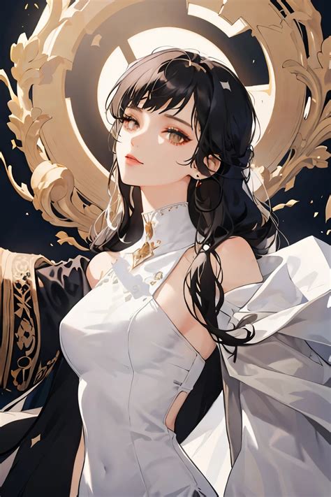 큰 금빛 후광이 있는 하얀 드레스를 입은 여자 Seaart Ai