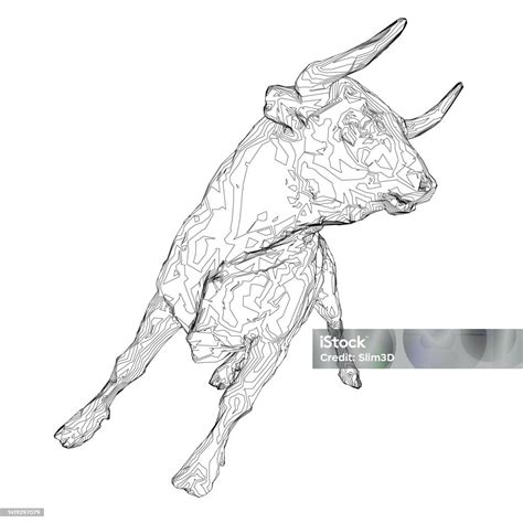 흰색 배경에 고립 된 검은 선에서 달리는 황소의 윤곽선 3d 벡터 일러스트레이션 투우에 대한 스톡 벡터 아트 및 기타 이미지 투우 개념 검은색 Istock