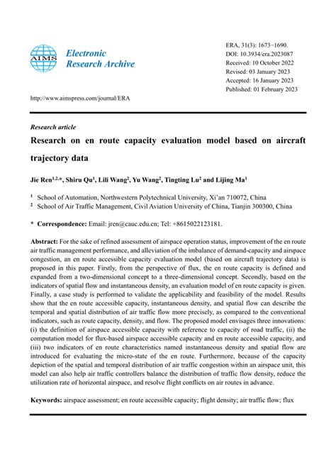 Pdf Research On En Route Capacity Evaluation Model Based On Aircraft Trajectory Data