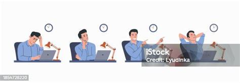 젊은 남자는 컴퓨터에서 책상에 앉아 있습니다 벡터 플랫 스타일 만화 귀여운에 대한 스톡 벡터 아트 및 기타 이미지 귀여운 긍정적인 감정 표현 기포 Istock