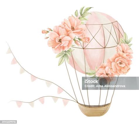 꽃이 달린 공기 풍선 베이지 색과 분홍색 파스텔 색상의 귀여운 항공기와 장미의 수채화 그림 고립 된 배경에 유치한 디자인 또는 아이 포스터 그리기 0명에 대한 스톡 벡터