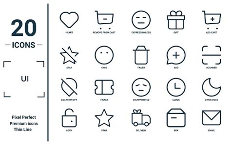 Ui 선형 아이콘 집합입니다 얇은 선 하트 별 위치 끄기 잠금 이메일 휴지통 보고서 프리젠 테이션 다이어그램 웹 디자인을위한