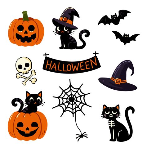 Halloween Set Black Cats Pumpkins Skull Spider And Web Bats 50290333 Vector Art At Vecteezy
