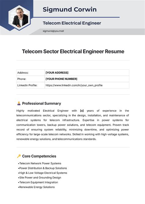 Free Telecom Sector Electrical Engineer Resume Template To Edit Online