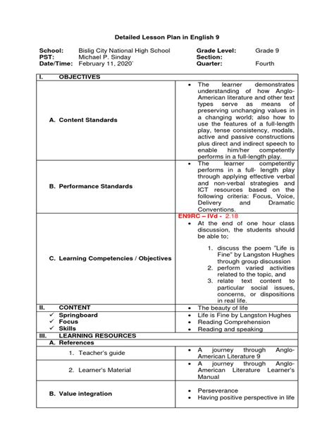 Sample Lesson Plan Pdf Lesson Plan Learning