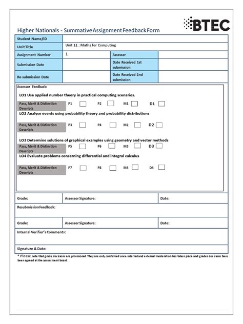 Higher Nationals Summative Assignment Feedback Form Unit 11 Maths For Computing Pdf