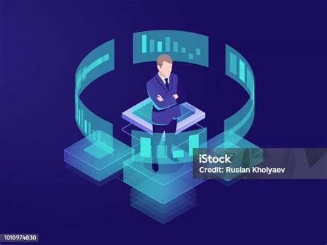 남자 보고 그래픽 차트 비즈니스 분석 개념 큰 데이터 처리 아이콘 가상 현실 인터페이스 서버 룸 관리자 관리자 아이소메트릭 일러스트 벡터 네온 데이터에 대한 스톡 벡터 아트