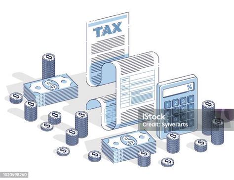 과세 개념 현금 돈 스택 및 계산기 흰색 배경에 고립 된 세금 양식 또는 종이 법적 문서 아이소메트릭 벡터 비즈니스 및 금융 일러스트 레이 션 3d 얇은 라인 디자인 3차원