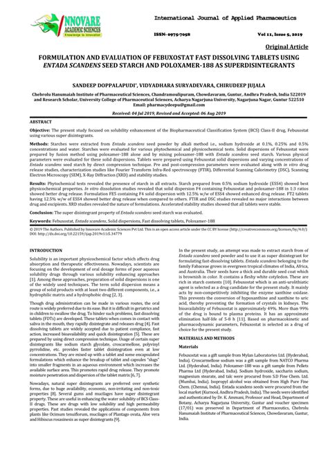 Pdf Formulation And Evaluation Of Febuxostat Fast Dissolving Tablets Using Entada Scandens