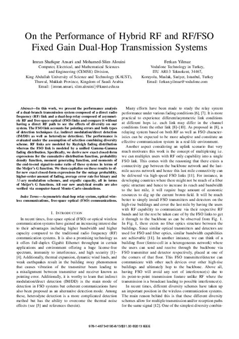 Pdf On The Performance Of Hybrid Rf And Rf Fso Fixed Gain Dual Hop Transmission Systems