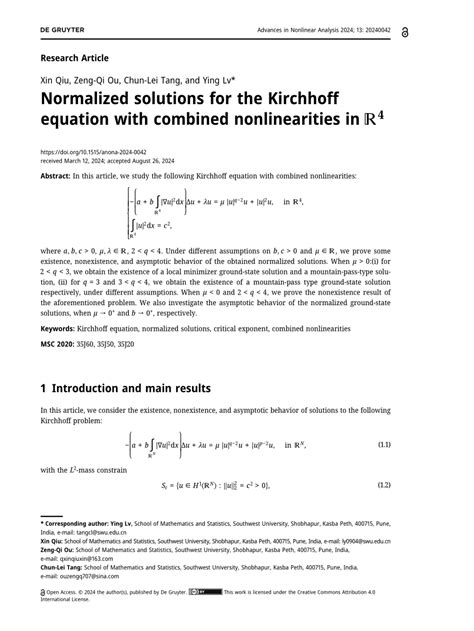 Pdf Normalized Solutions For The Kirchhoff Equation With Combined