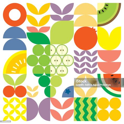기하학적 여름 신선한 과일 컷 작품 포스터 화려한 간단한 모양 스칸디나비아 스타일의 플랫 추상 벡터 패턴 디자인 흰색 배경에