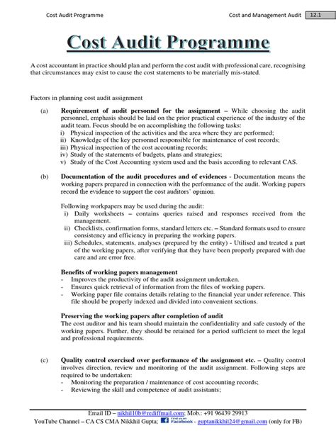 Cost Audit Programme Pdf Audit Expense