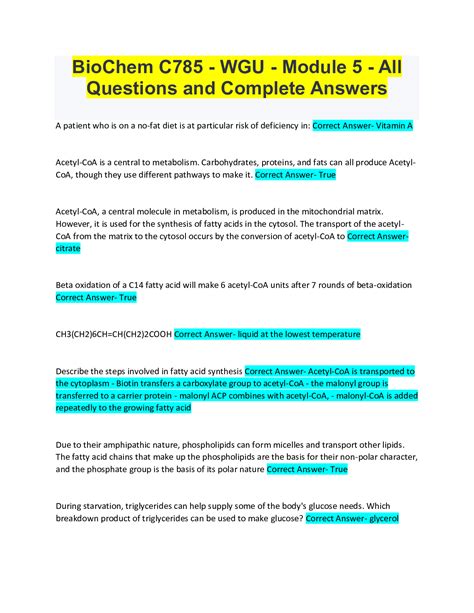 BioChem C WGU Module All Questions And Complete Answers Scholarfriends