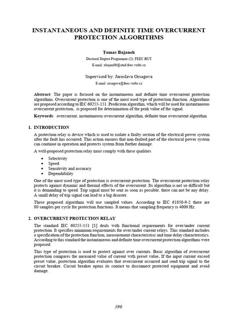 Instantaneous And Definite Time Overcurrent Protection Algorithms Pdf Relay Sampling