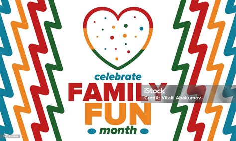 가족 놀이의 달 행복한 여름 휴가 매년 8 월에 축하 여분의 재미와 활동으로 가족을 즐길 수있는 적절한 시간 포스터 인사말 카드 배너 및 배경 벡터 일러스트 레이 션 8월에