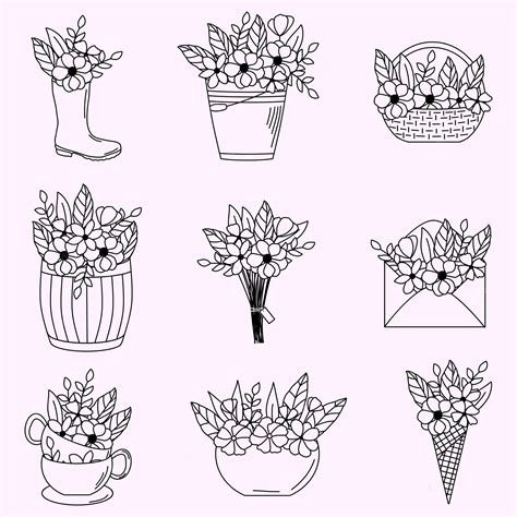 꽃 낙서 라인 아트 세트 프리미엄 벡터