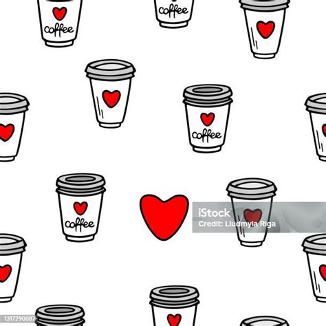나는 커피를 좋아한다 사랑 낙서 요소와 귀여운 손 그린 매끄러운 패턴 커피잔에 대한 스톡 벡터 아트 및 기타 이미지 커피잔