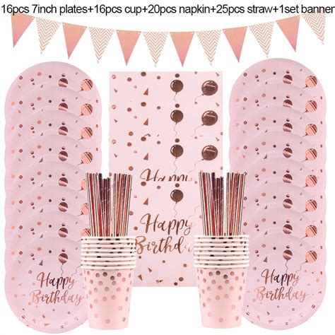 78pcs 생일 장식 소녀 파티 일회용 식기 세트 로즈 골드 종이 접시 컵 냅킨 생일 파티 장식 아이일회용 파티 식기 Aliexpress