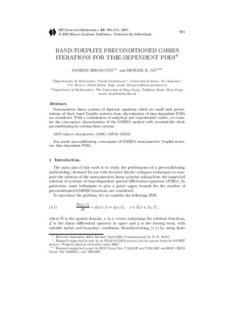 Pdf Band Toeplitz Preconditioned Gmres Iterations For Time Dependent Pdes