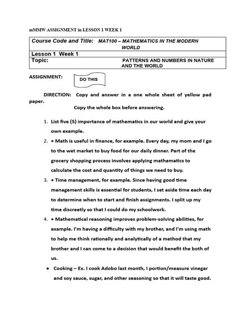 Mmw Assignment In Lesson 1 Week 1 Pdf Mathematics