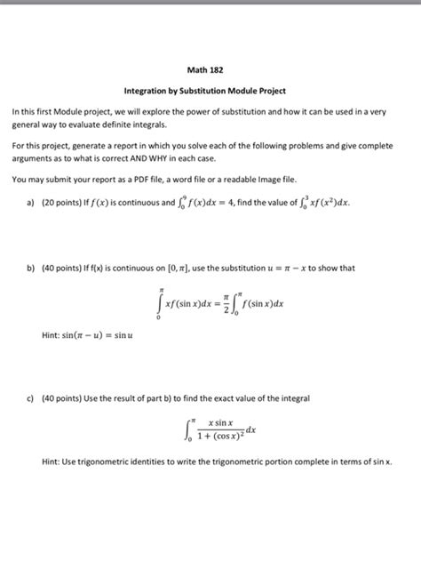 Solved Math 182 Integration By Substitution Module Project