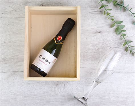Personalised Wooden Box With Mini Cava And Glass Madeint