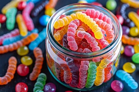 Jar With Jelly Worms Amidst Candy Beans Premium Ai Generated Image