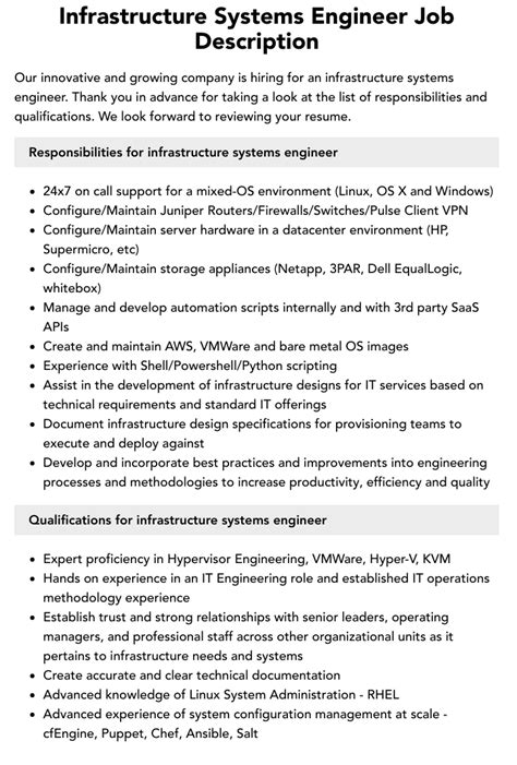 Infrastructure Systems Engineer Job Description Velvet Jobs
