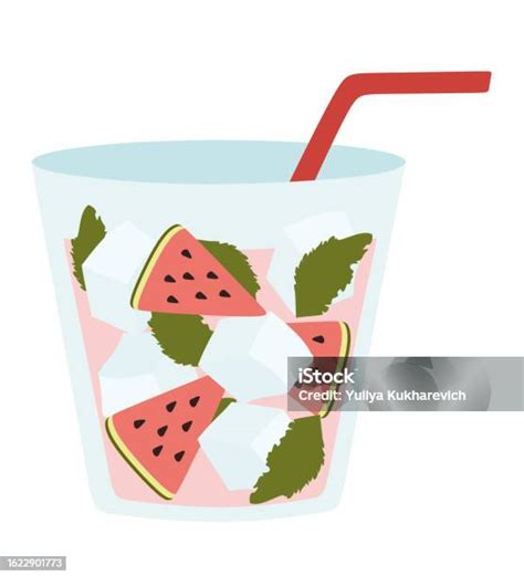 수박 여름 레모네이드 유리에 빨대 얼음 조각이 있는 만화 벡터 그림 상쾌한 차가운 과일 음료 포스터 배너 전단지 칵테일 파티를