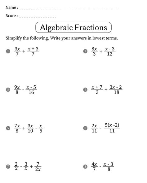 Printable Algebraic Fractions Worksheet Free Download And Print For You