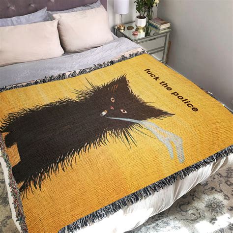 Cute Fuck The Police Tapestry Cat Smoking Woven Blanket Etsy