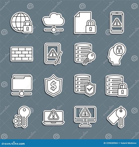 Set Line Marked Key Server Security With Lock Human Head Document And Tablet Exclamation
