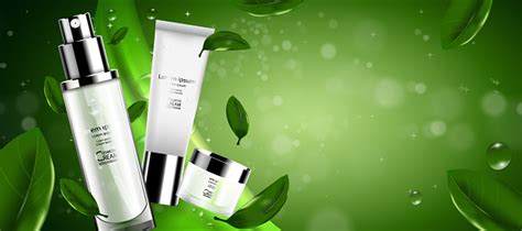 럭셔리 화장품 병 패키지 스킨 케어 크림 녹차 세럼 세트 뷰티 화장품 제품 포스터 Bokeh 및 물 배경 광고에 대한 스톡 벡터 아트 및 기타 이미지 Istock