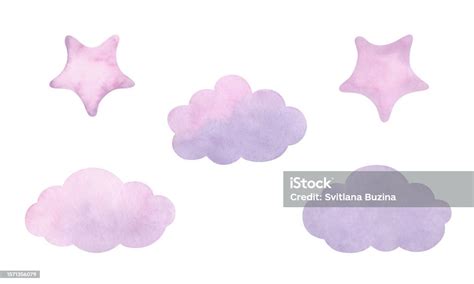 수채화 구름과 별의 집합은 분홍색과 라일락 색조의 흰색 배경에 분리되어 있습니다 개체 그룹에 대한 스톡 벡터 아트 및 기타 이미지 개체 그룹 구름 구름 풍경 Istock