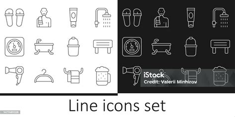 세트 라인 나무 맥주 잔 사우나 나무 벤치 크림 또는 로션 화장품 튜브 욕조 온도계 플립 플롭 양동이 및 사우나 아이콘의 남자 벡터 샤워시설에 대한 스톡 벡터 아트 및 기타