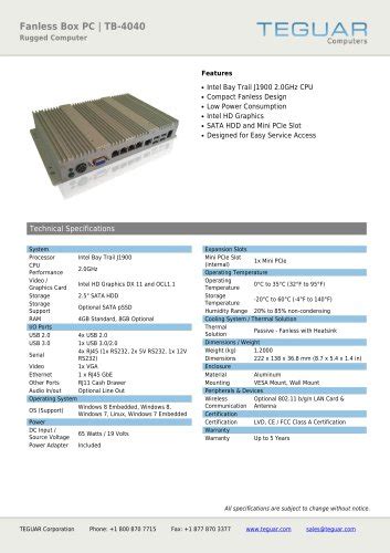 TB-2040 | FANLESS BOX PC - Teguar Computers - PDF Catalogs | Technical ...