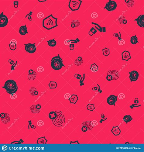 Set Cancelled Fingerprint Shield With Wifi Wireless Eye Scan And Lock Hand On Seamless Pattern