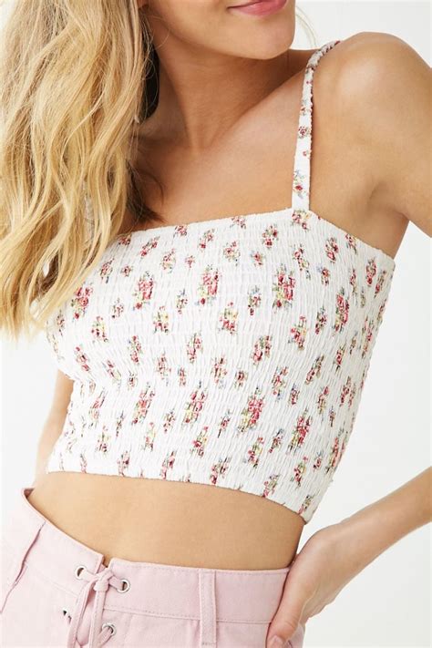 Forever 21 Floral Print Smocked Cropped Cami Kendall Jenners Flower