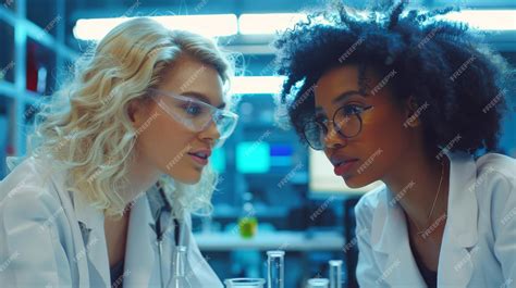 Premium Photo Scientists Discuss Work In A Modern Laboratory Equipped With Computers Beakers