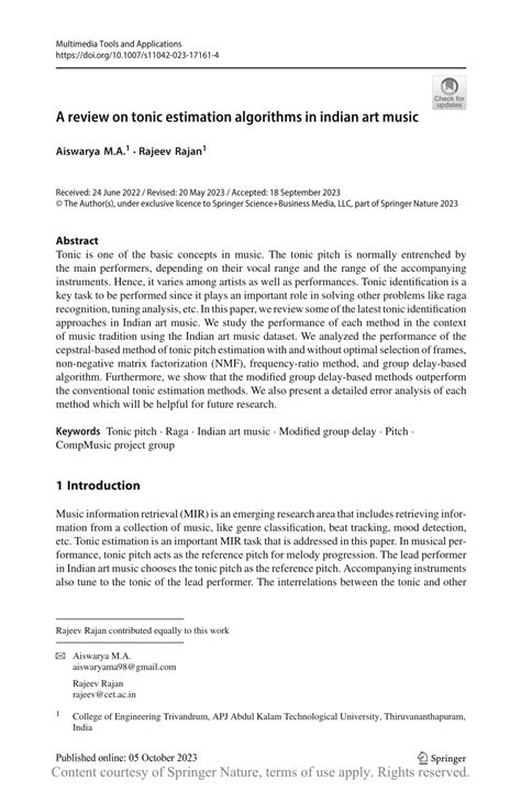 A Review On Tonic Estimation Algorithms In Indian Art Music