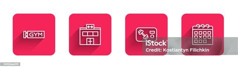 긴 그림자가 있는 라인 위치 체육관 체육관 건물 피트니스 클럽 카드 및 캘린더 피트니스를 설정합니다 빨간색 사각형 버튼입니다