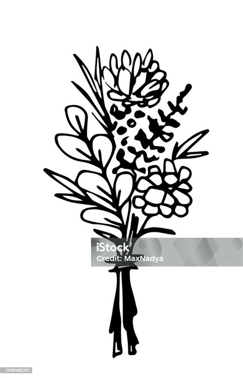 검은 윤곽에 손으로 그린 간단한 꽃 벡터 패턴 꽃 나뭇 가지 잎의 귀여운 아름다운 봄 여름 꽃다발 카드 초대장의 축제 계절 장식 부케에 대한 스톡 벡터 아트 및 기타 이미지