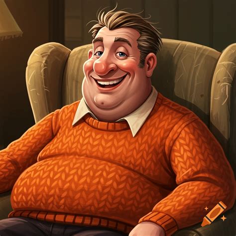 A Cartoon Portrait Of A Smiling Man In An Orange Cable Knit Sweater Sitting In A Chair On Craiyon