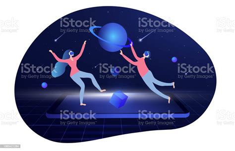 메타버스 디지털 가상 현실 및 증강 현실 기술 가상 공간 및 우주 벡터 일러스트에 연결 가상 현실 헤드셋 안경을 착용 커플 Brand Name Smart Phone에 대한