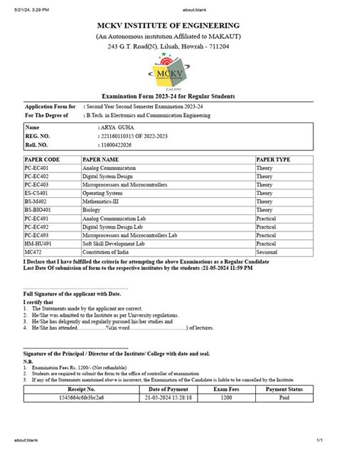 4th Sem Exam Form Pdf
